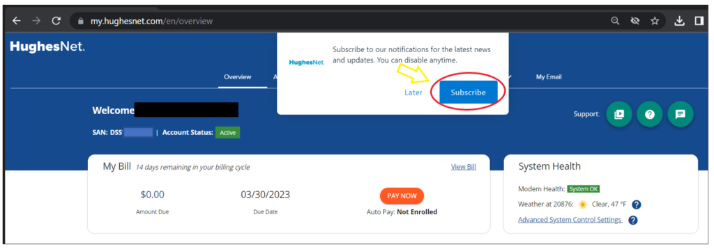 How do I subscribe to receive Web push notifications from HughesNet?